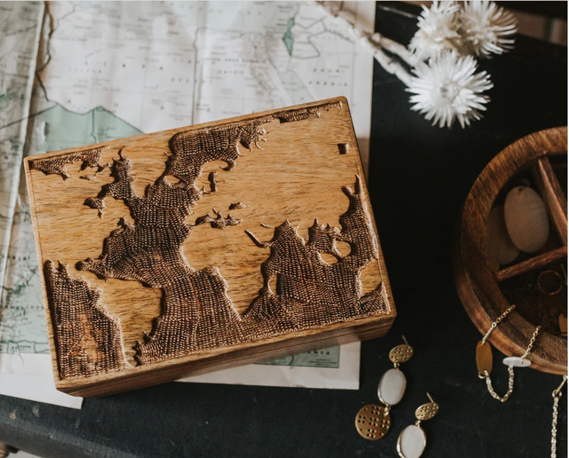 World Map Jewelry Box- Mango Wood – Embroidery and Engraving Concepts