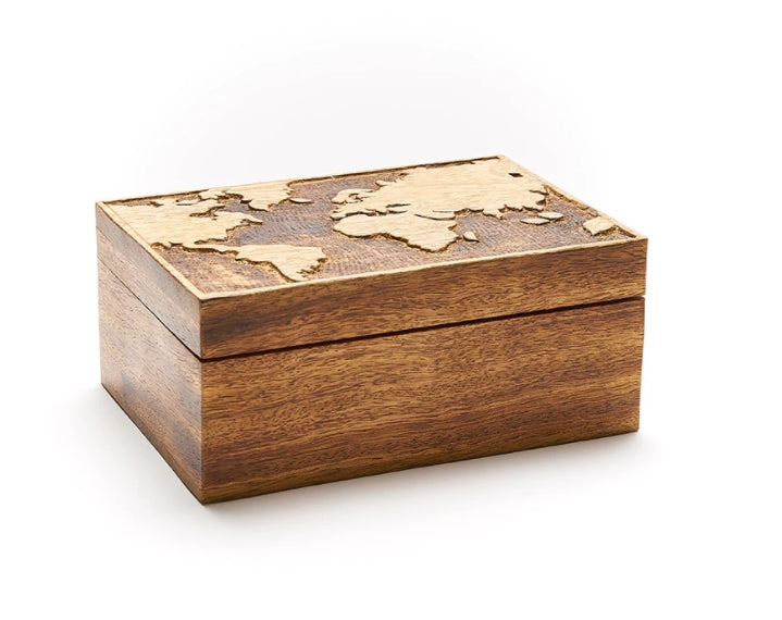 World Map Jewelry Box- Mango Wood – Embroidery and Engraving Concepts
